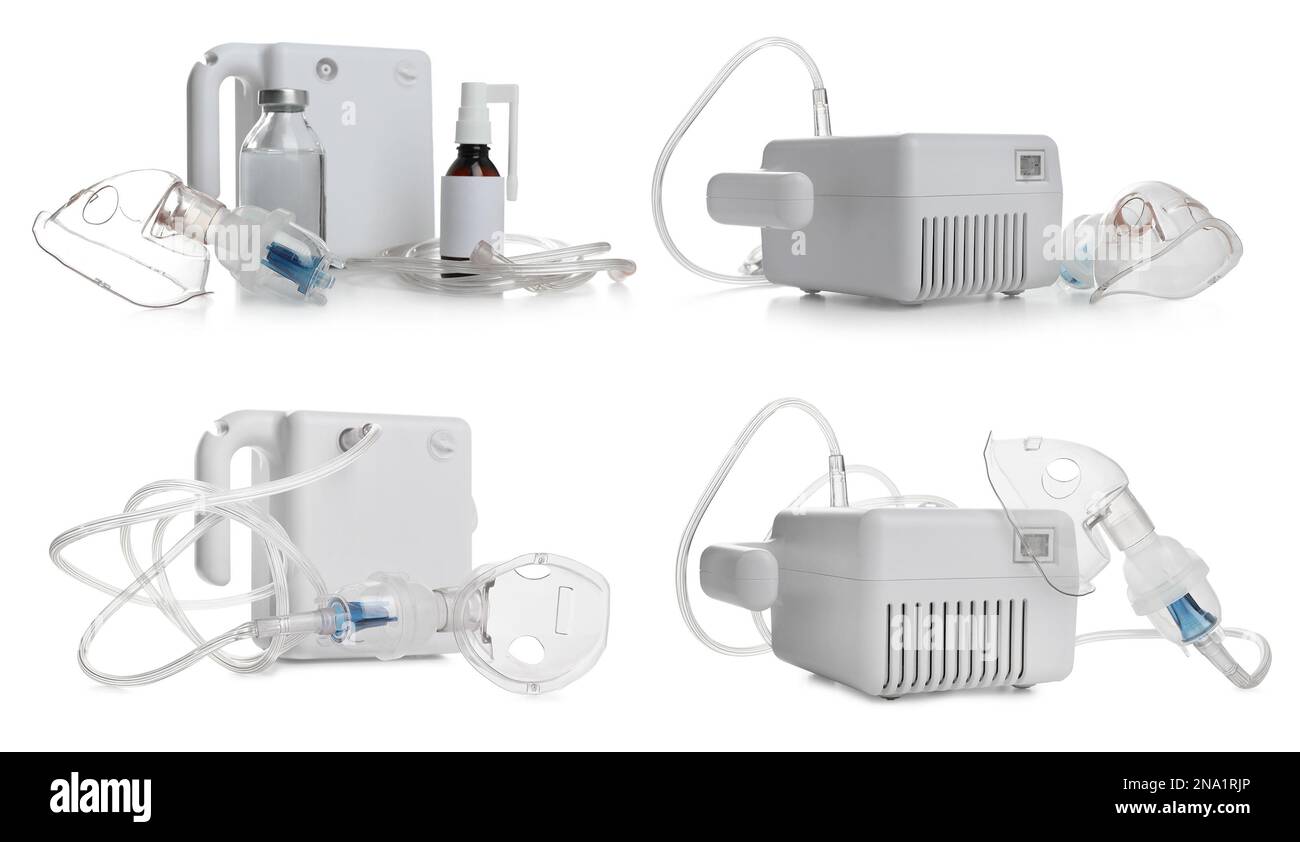 Set of modern nebulizers on white background. Inhalation equipment ...