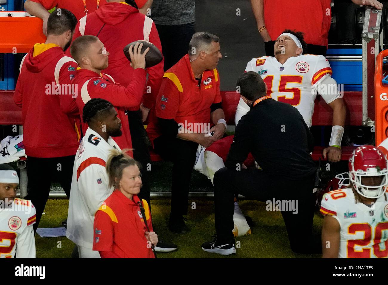 Kansas City Chiefs quarterback Patrick Mahomes (15) grimaces on the ...