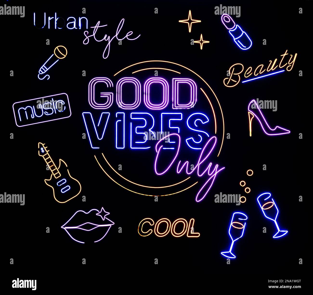 A Neon lights on black background with symbols and text "Good vibes ...