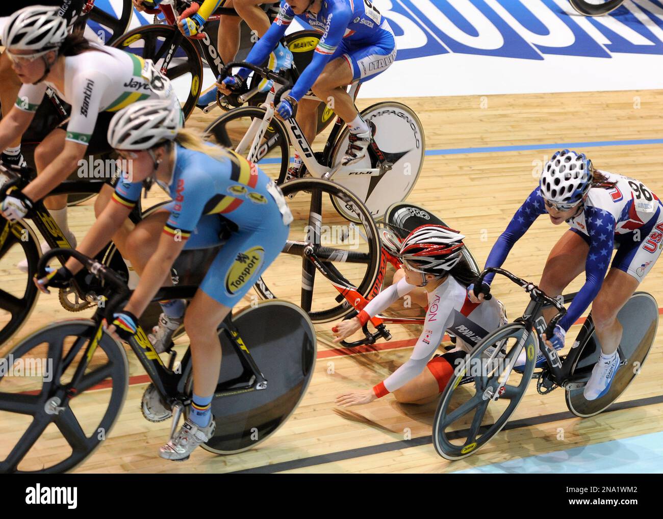 Japan's Maki Tabata crashes during the women's points race at the Track ...