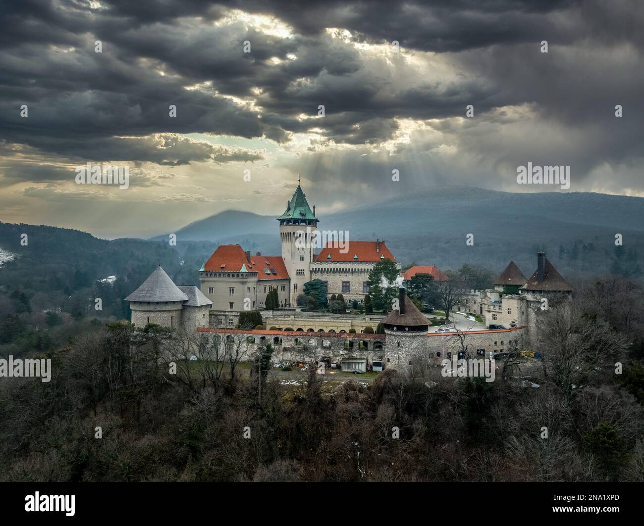Aerial view of romantic medieval knight castle with donjon and towers ...