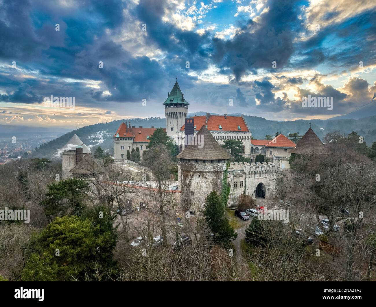 Aerial view of romantic medieval knight castle with donjon and towers ...