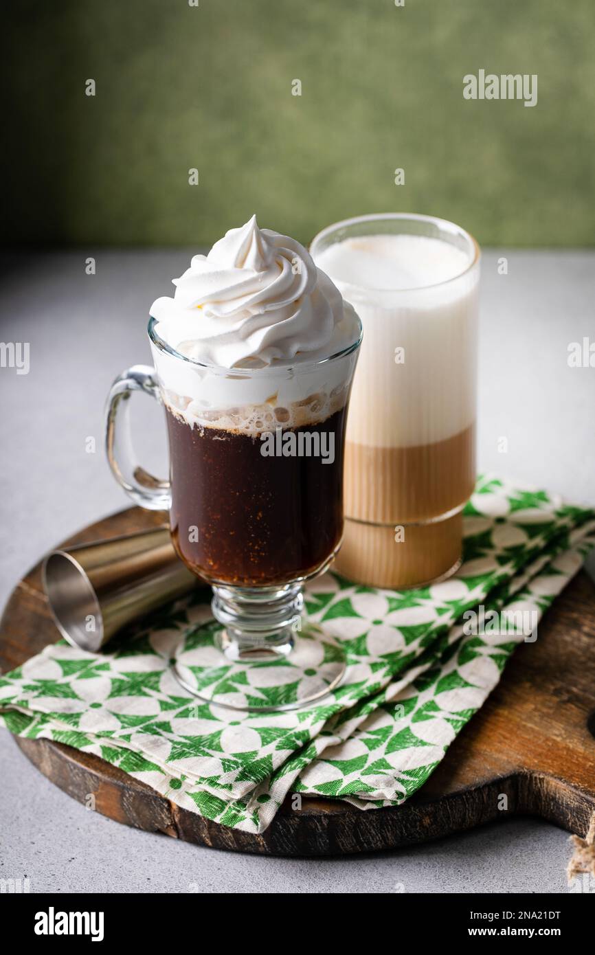 Irish coffee and irish cream latte, hot drinks for St Patricks day ...