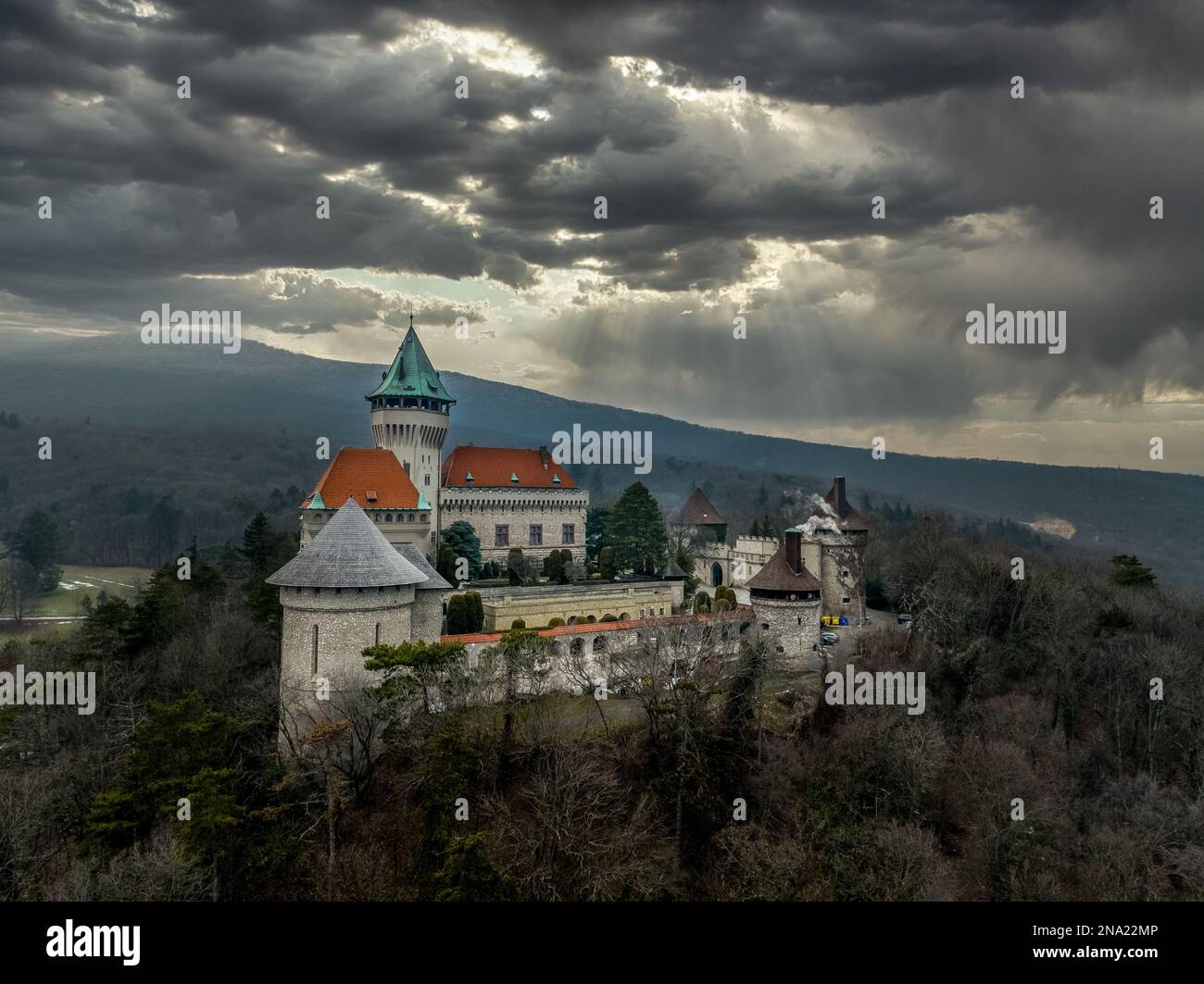 Aerial view of romantic medieval knight castle with donjon and towers ...