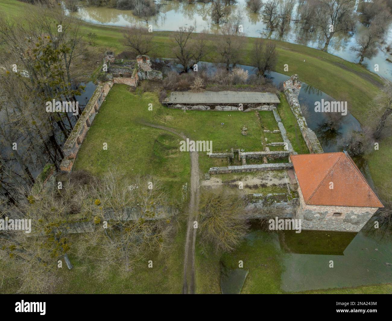 Aerial view of Onod castle in Borsod county, square shape four tower ...