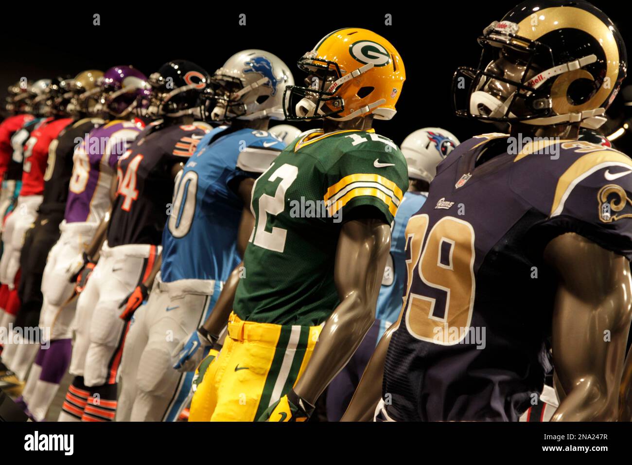 New NFL uniforms are displayed on mannequins during a presentation in ...