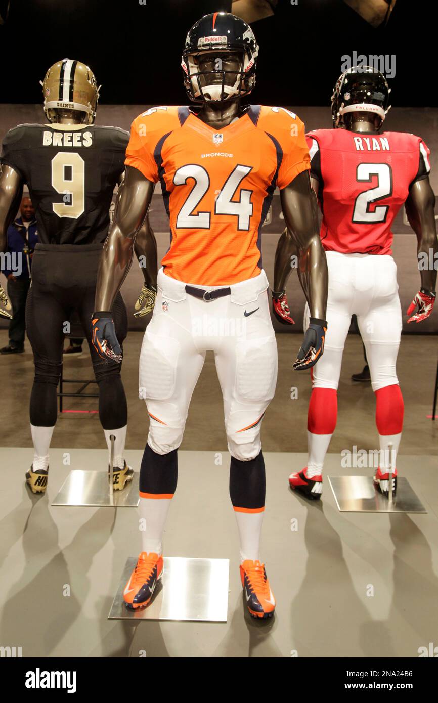 The new Denver Broncos uniform is displayed on a mannequin in New York ...