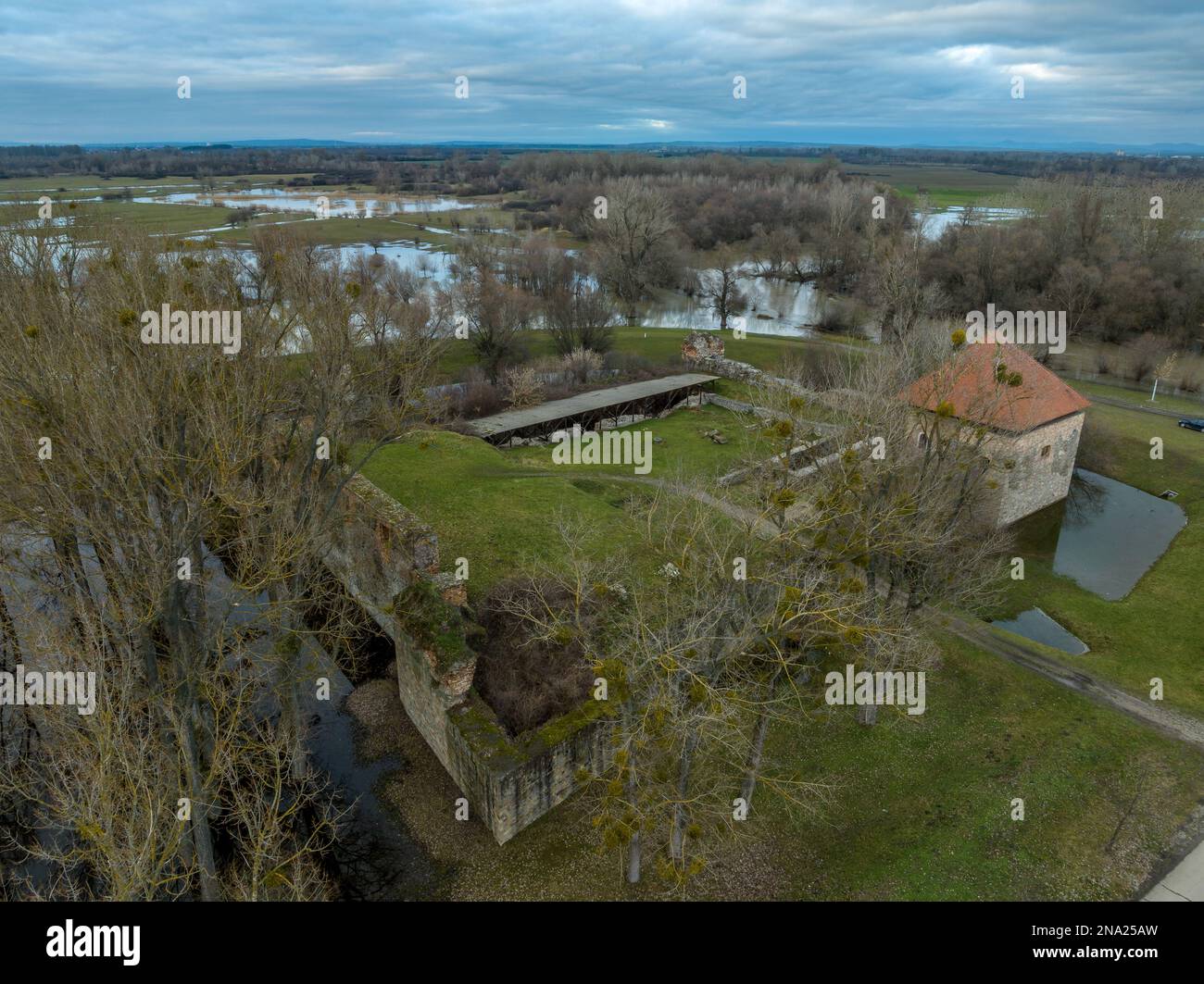 Aerial view of Onod castle in Borsod county, square shape four tower ...