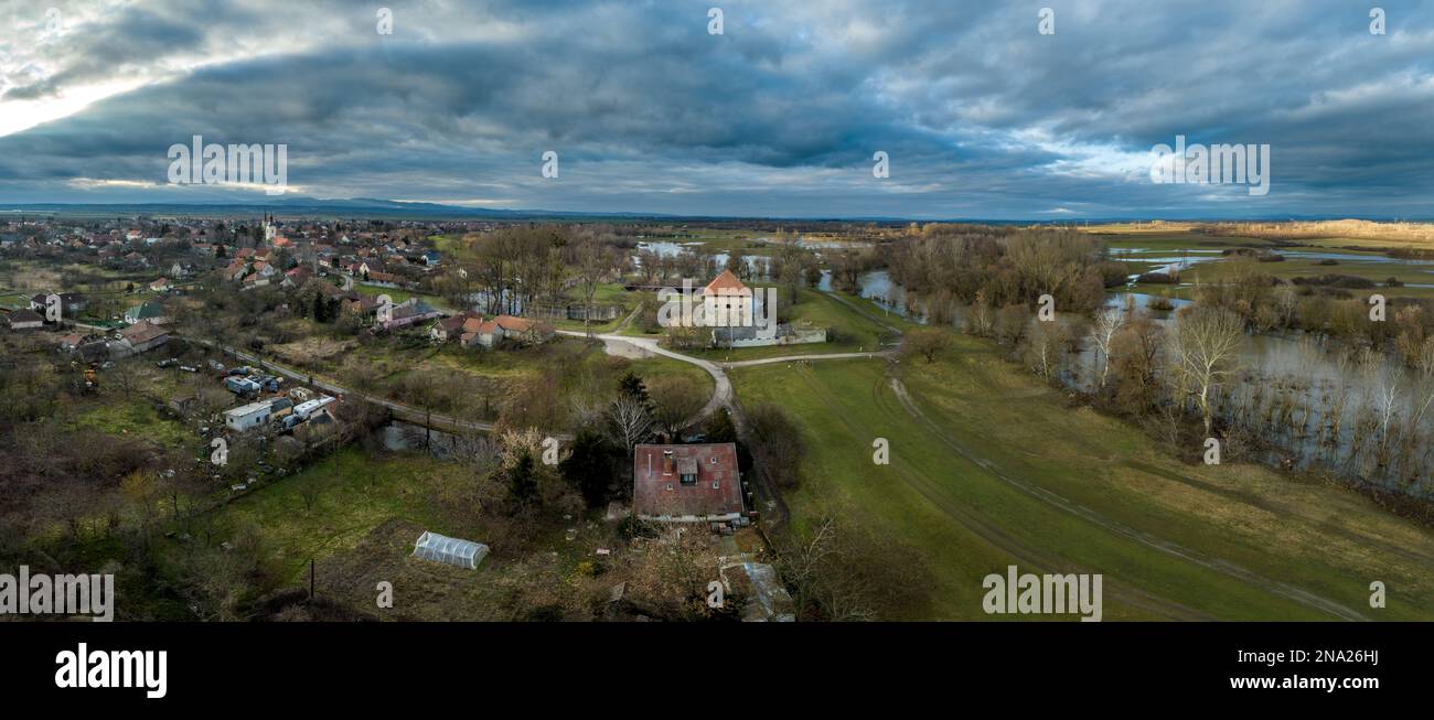 Aerial view of Onod castle in Borsod county, square shape four tower ...