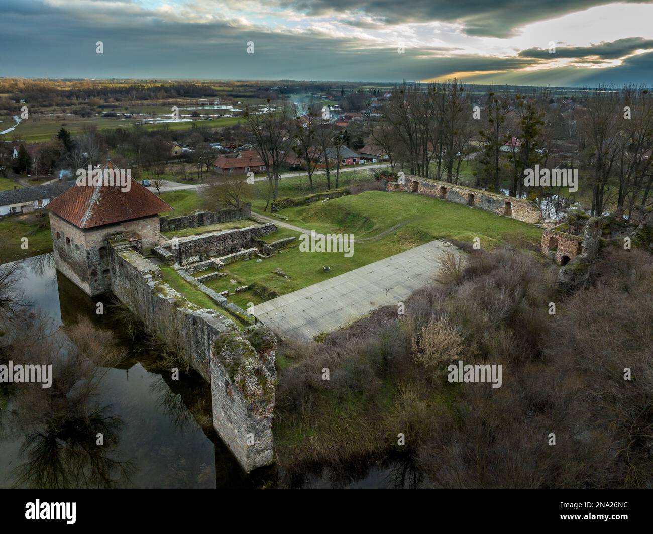 Aerial view of Onod castle in Borsod county, square shape four tower ...