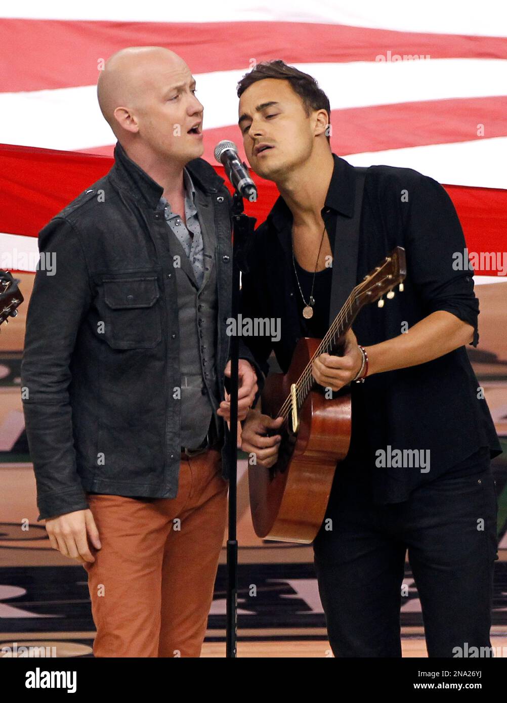 Members of the band 'The Fray' perform the National Anthem before the ...