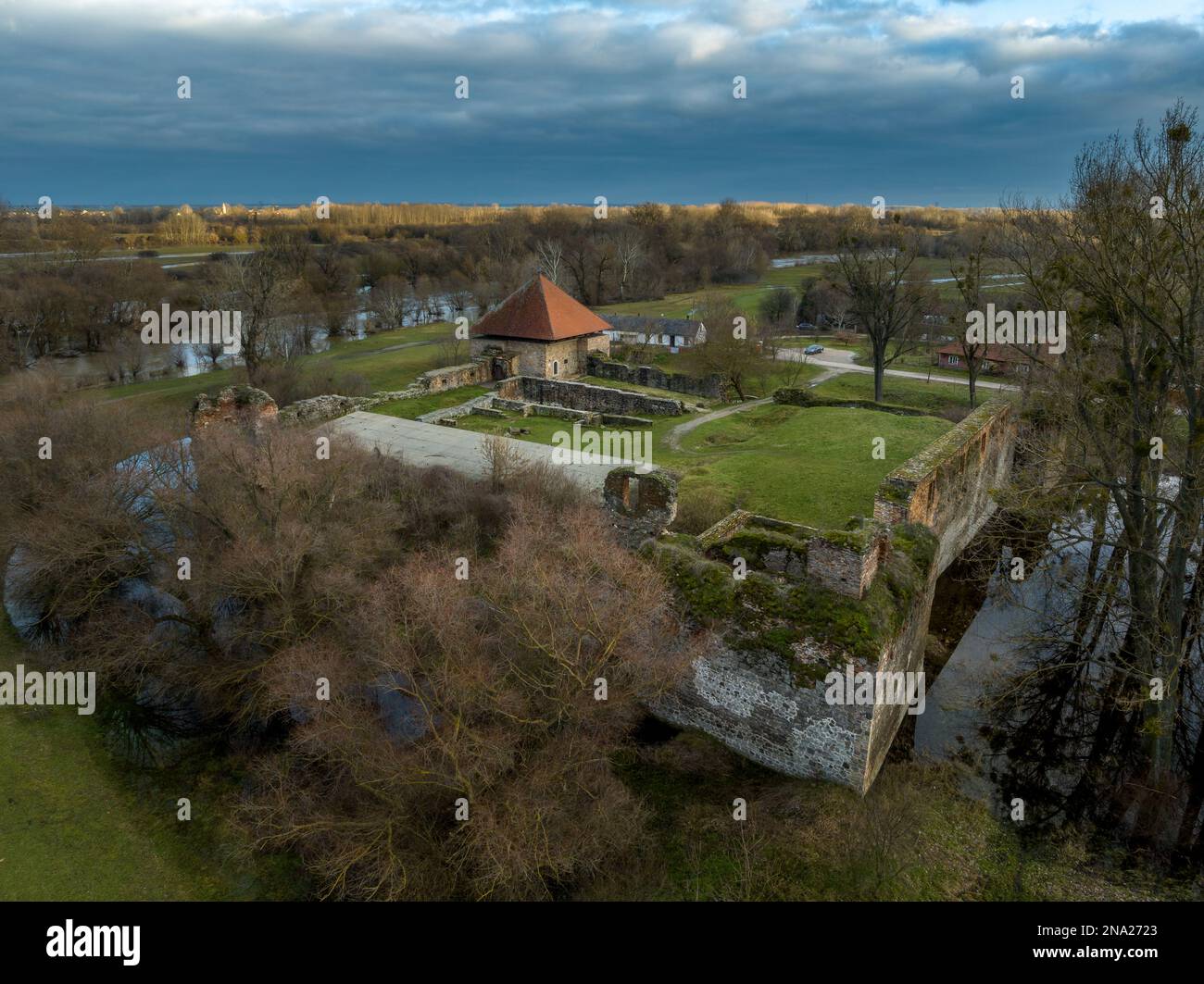 Aerial view of Onod castle in Borsod county, square shape four tower ...