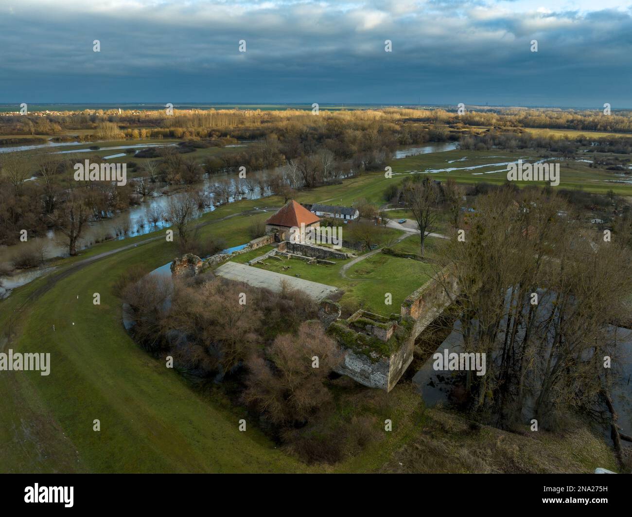 Aerial view of Onod castle in Borsod county, square shape four tower ...