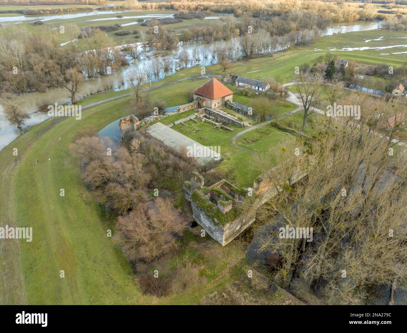 Aerial view of Onod castle in Borsod county, square shape four tower ...