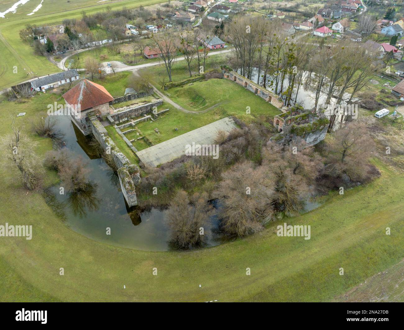 Aerial view of Onod castle in Borsod county, square shape four tower ...