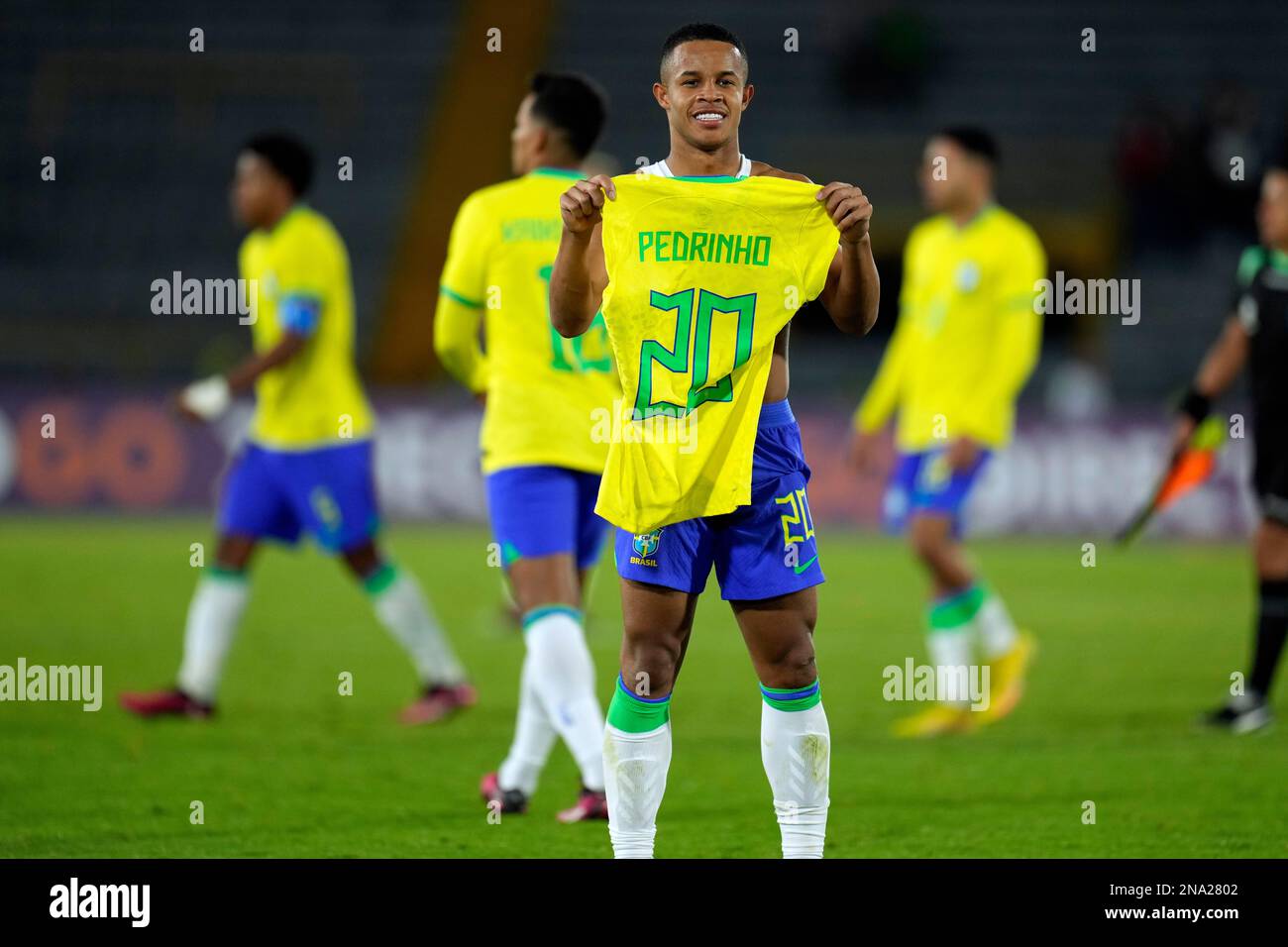 Brazil's Pedrinho, center, celebrates scoring his side's second goal ...