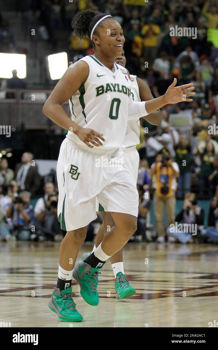 Baylor guard Odyssey Sims (0) smiles as she runs off the court after an ...