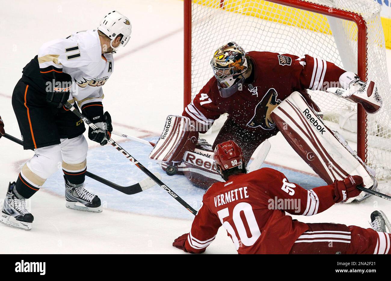 Phoenix Coyotes goalie Mike Smith (41) makes a save on a shot by ...