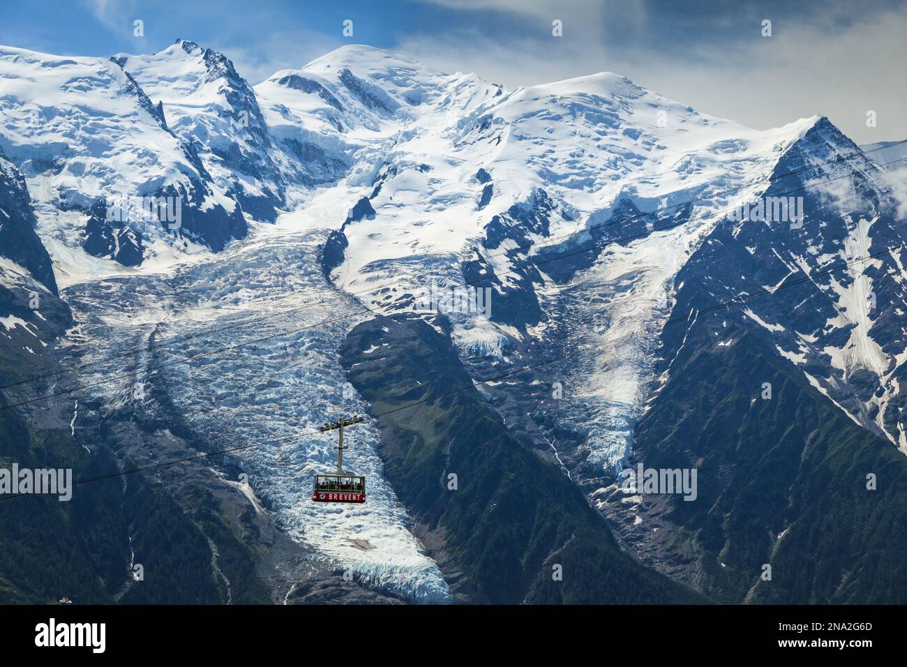 Close view of Mont Blanc and Brevent cable car under blue sky; Chamonix ...