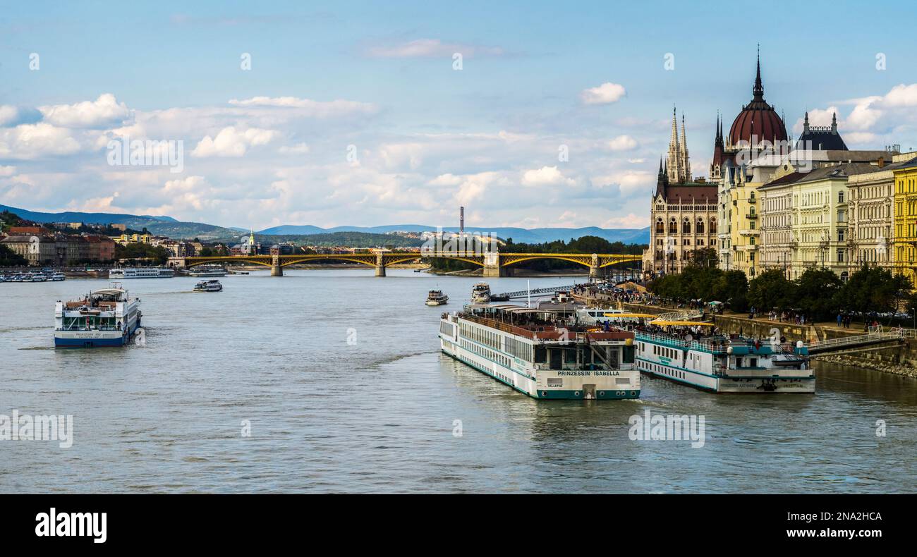Boats and the waterfront of the Danube River and the Hungarian ...