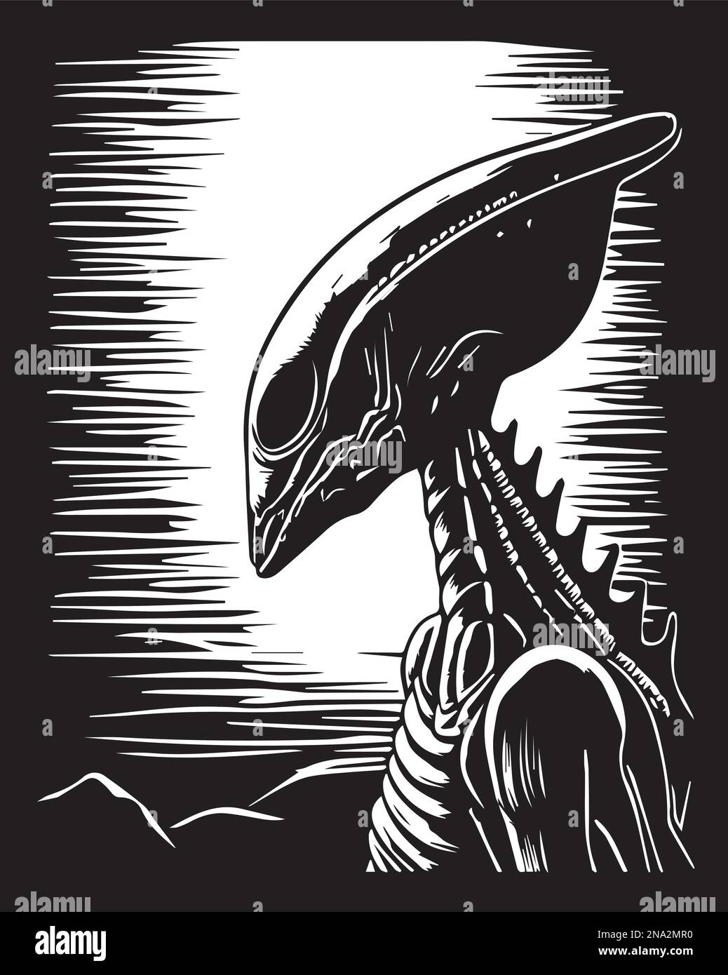 Beautiful and mysterious linocut art or colouring page of an alien made ...