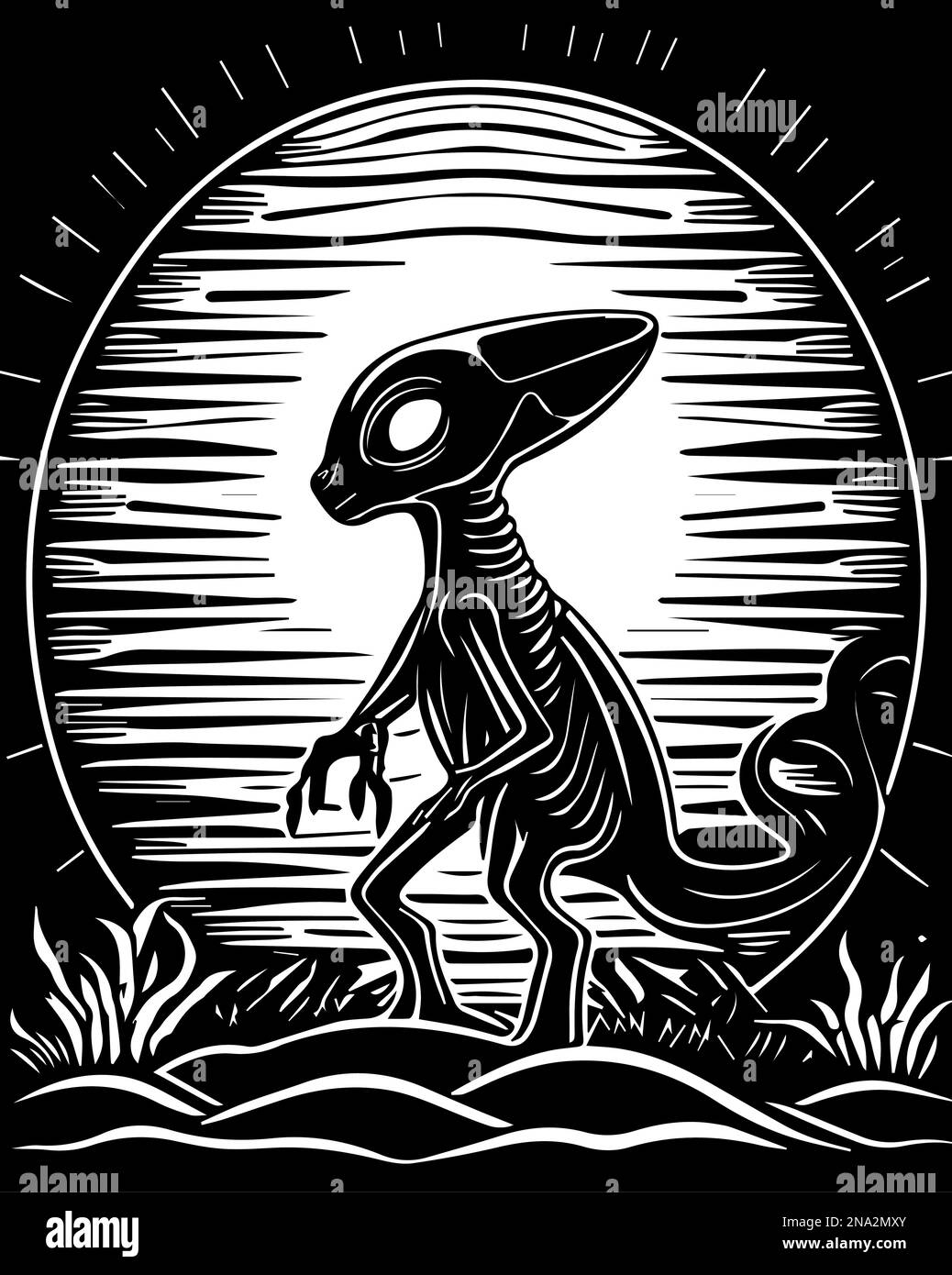 Beautiful and mysterious linocut art or colouring page of an alien made ...