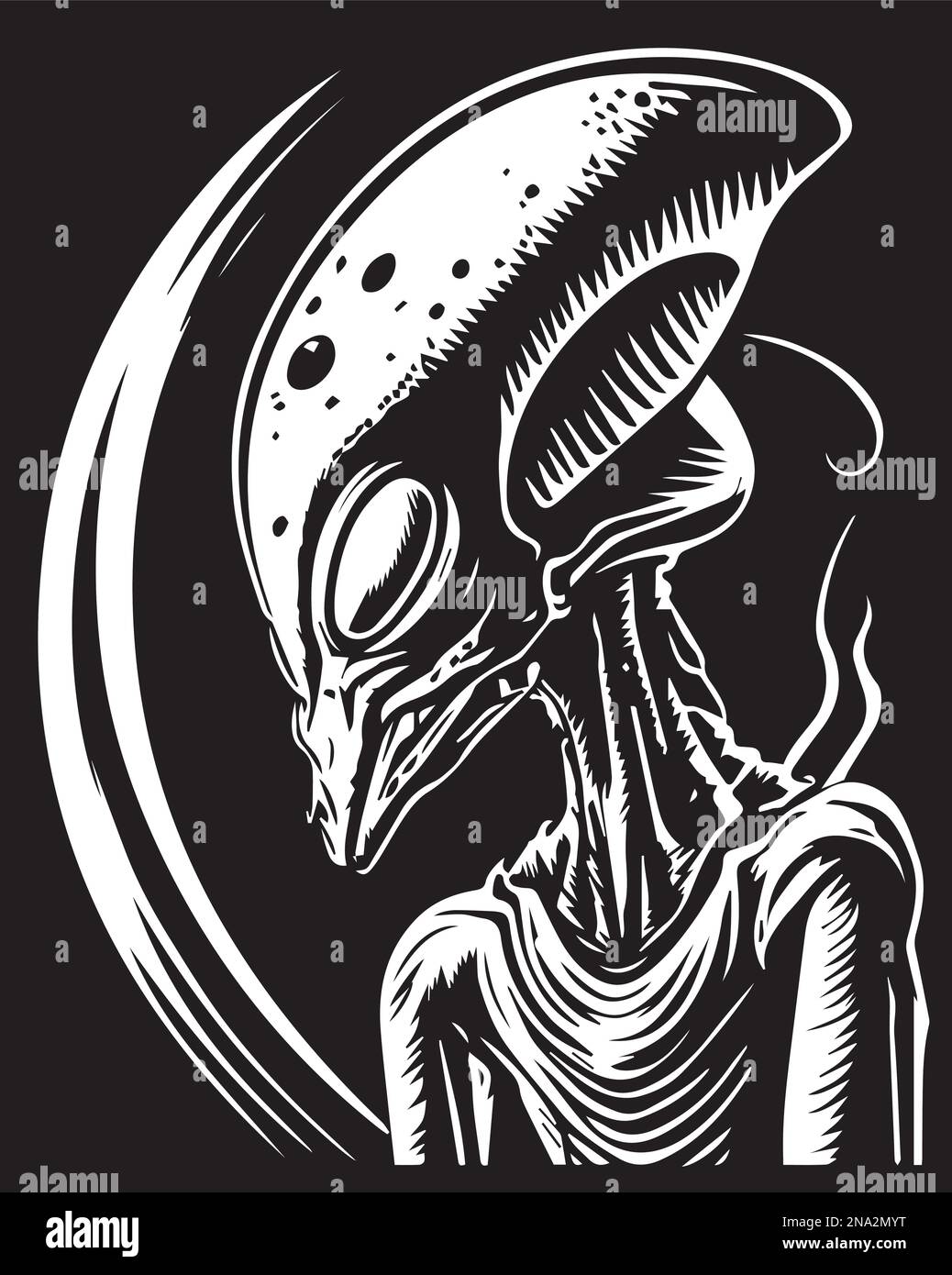 Beautiful and mysterious linocut art or colouring page of an alien made ...