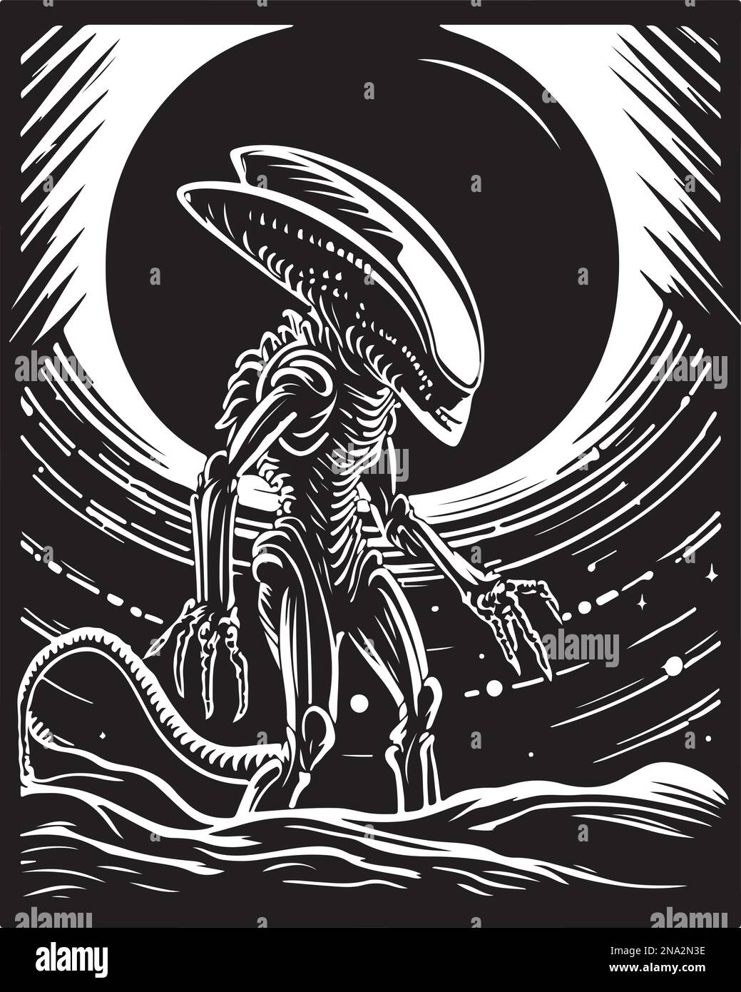 Beautiful and mysterious linocut art or colouring page of an alien made ...