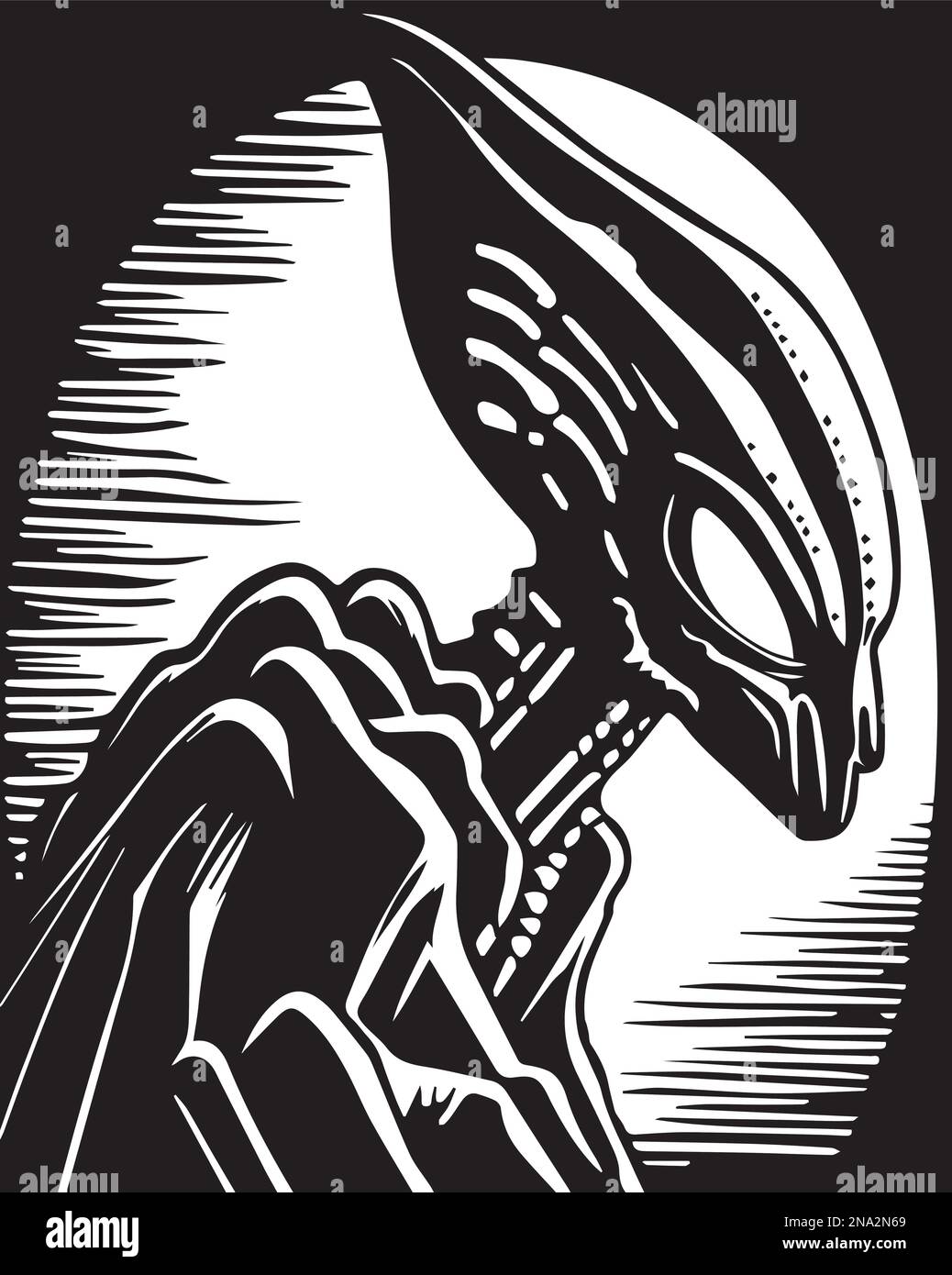 Beautiful and mysterious linocut art or colouring page of an alien made ...