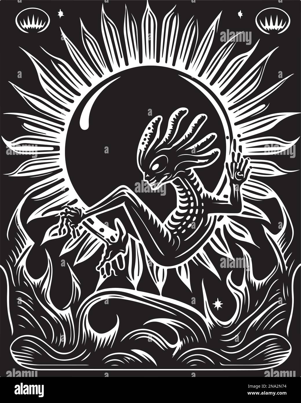 Beautiful and mysterious linocut art or colouring page of an alien made ...