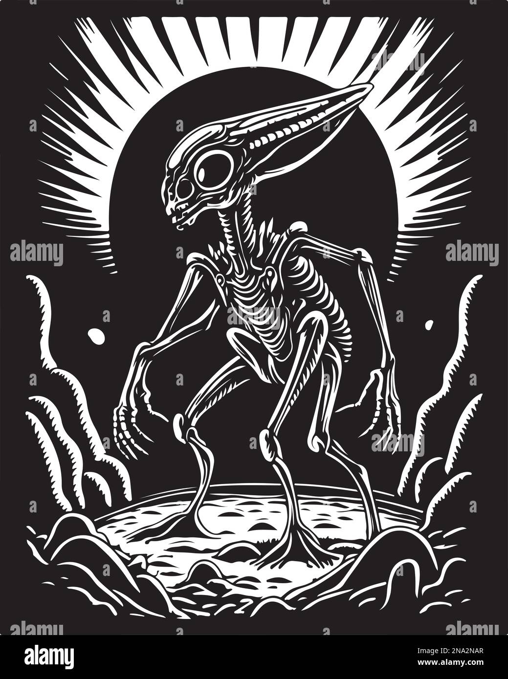 Beautiful and mysterious linocut art or colouring page of an alien made ...