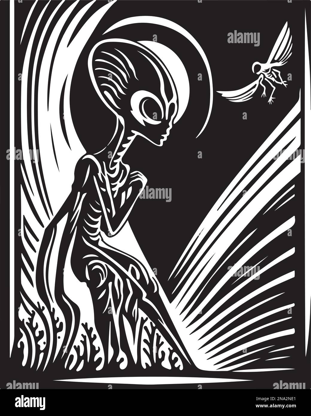 Beautiful and mysterious linocut art or colouring page of an alien made ...
