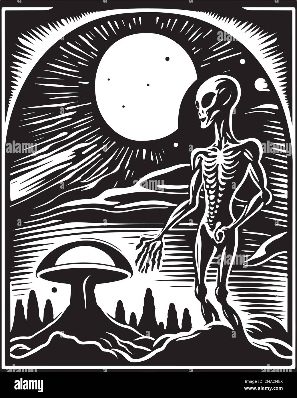 Beautiful and mysterious linocut art or colouring page of an alien made ...