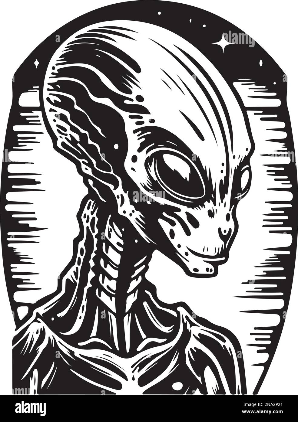 Beautiful and mysterious linocut art or colouring page of an alien made ...