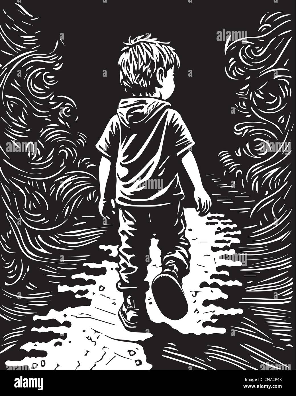 Beautiful linocut art or colouring page of a boy walking on an ...