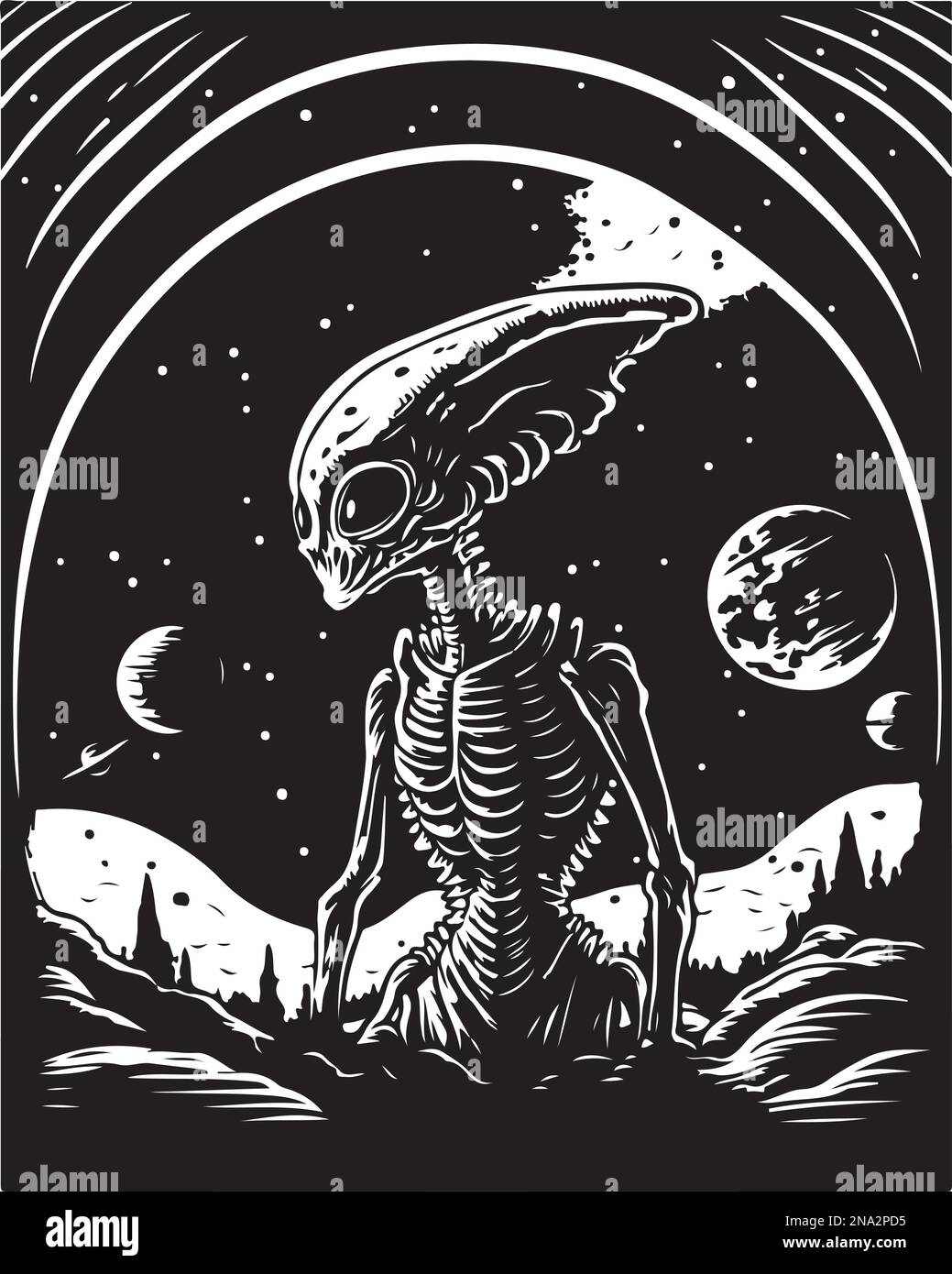 Beautiful and mysterious linocut art or colouring page of an alien made ...