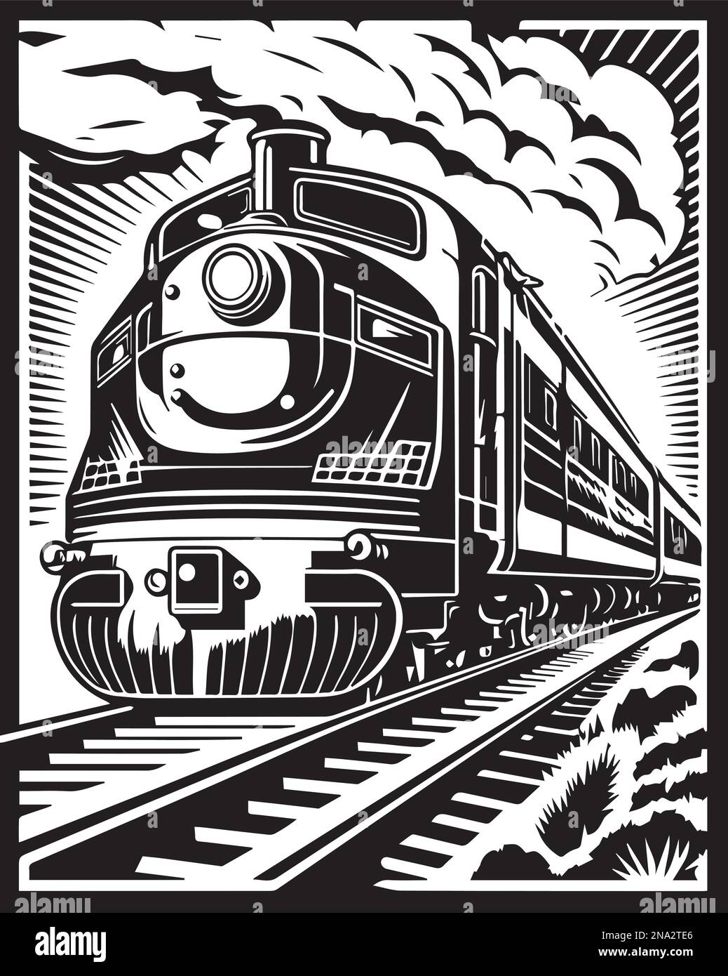 Steam locomotive in the mountains linocut vector illustration digital ...