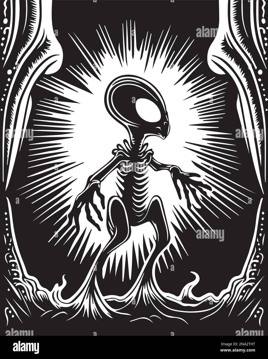Beautiful and mysterious linocut art or colouring page of an alien made ...