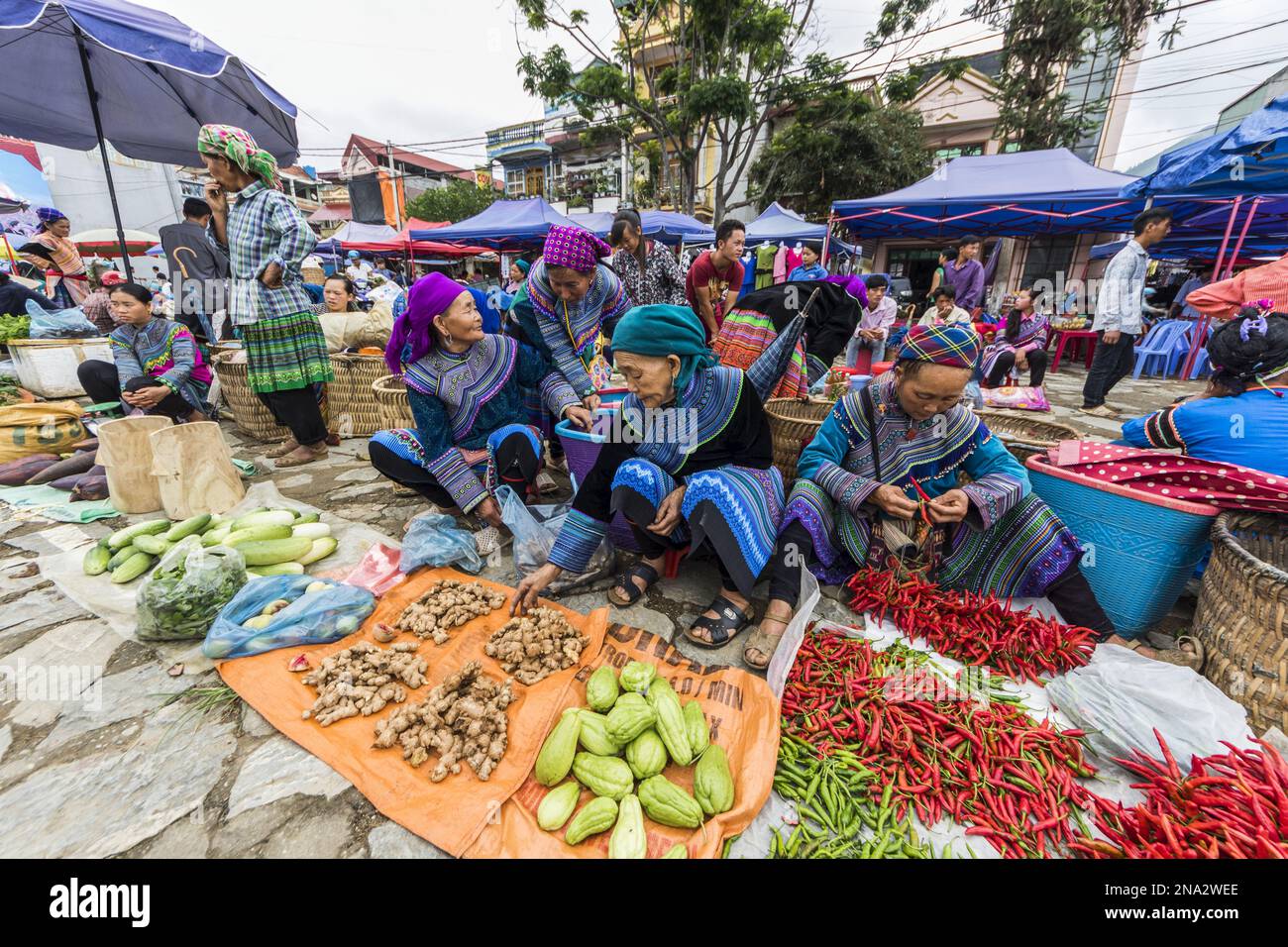 Hmong women at the Sunday market; Bac Ha, Lao Cai, Vietnam Stock Photo ...