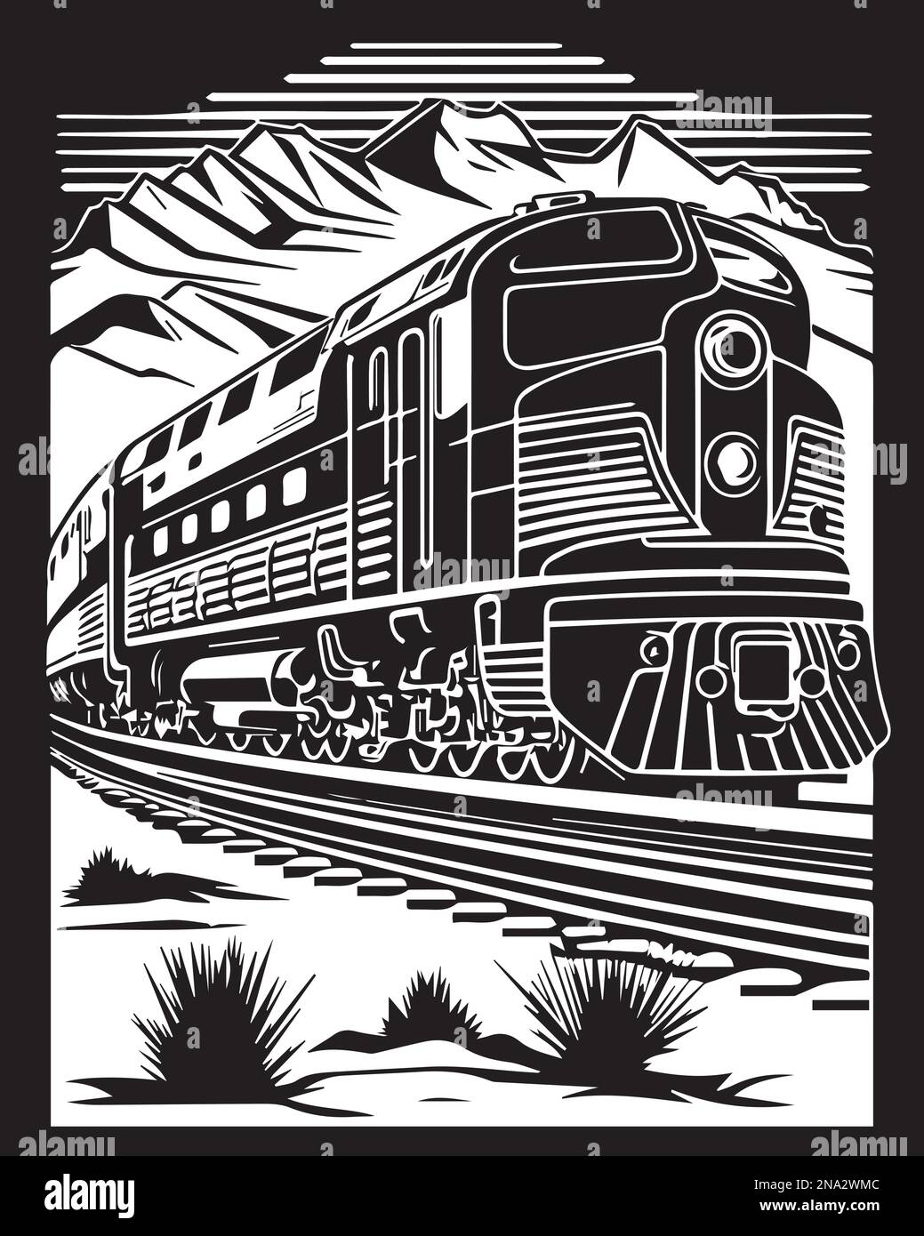 Steam locomotive in the mountains linocut vector illustration digital ...
