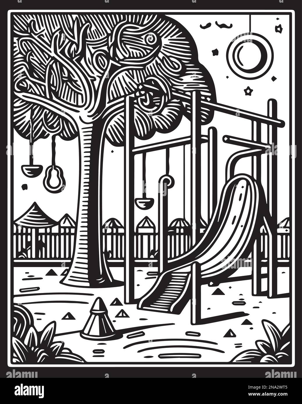 Beautiful linocut art or colouring page of a kids playground made for ...