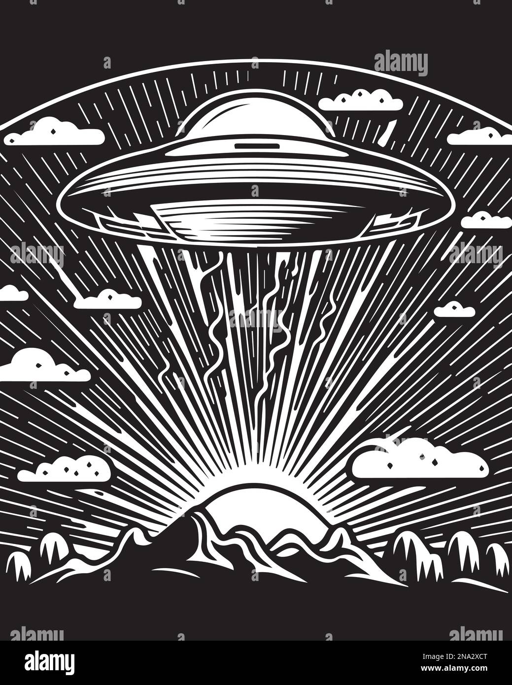 UFO flying above the mountains colouring page or print art frame Stock ...