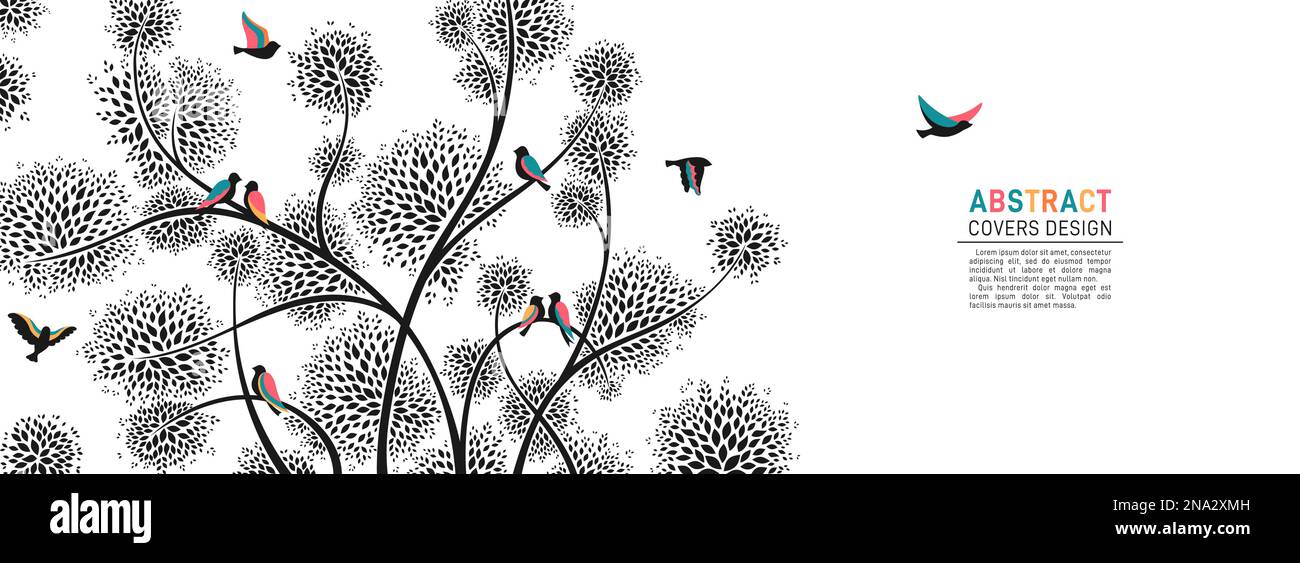 Flock of bird and tree branches design background. Asian exotic pattern ...