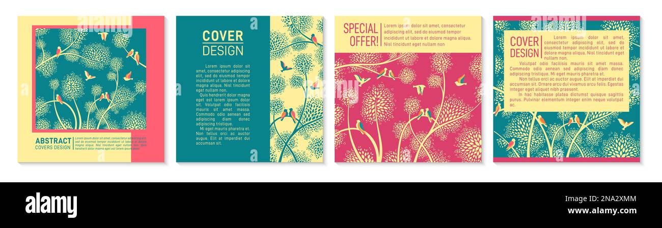 Flock of bird and tree abstract trendy cover, square card design set ...