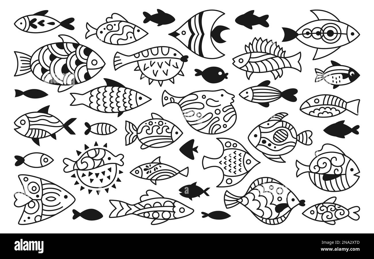 Fish with abstract tropical ornaments doodle set. Linear modern trendy ...