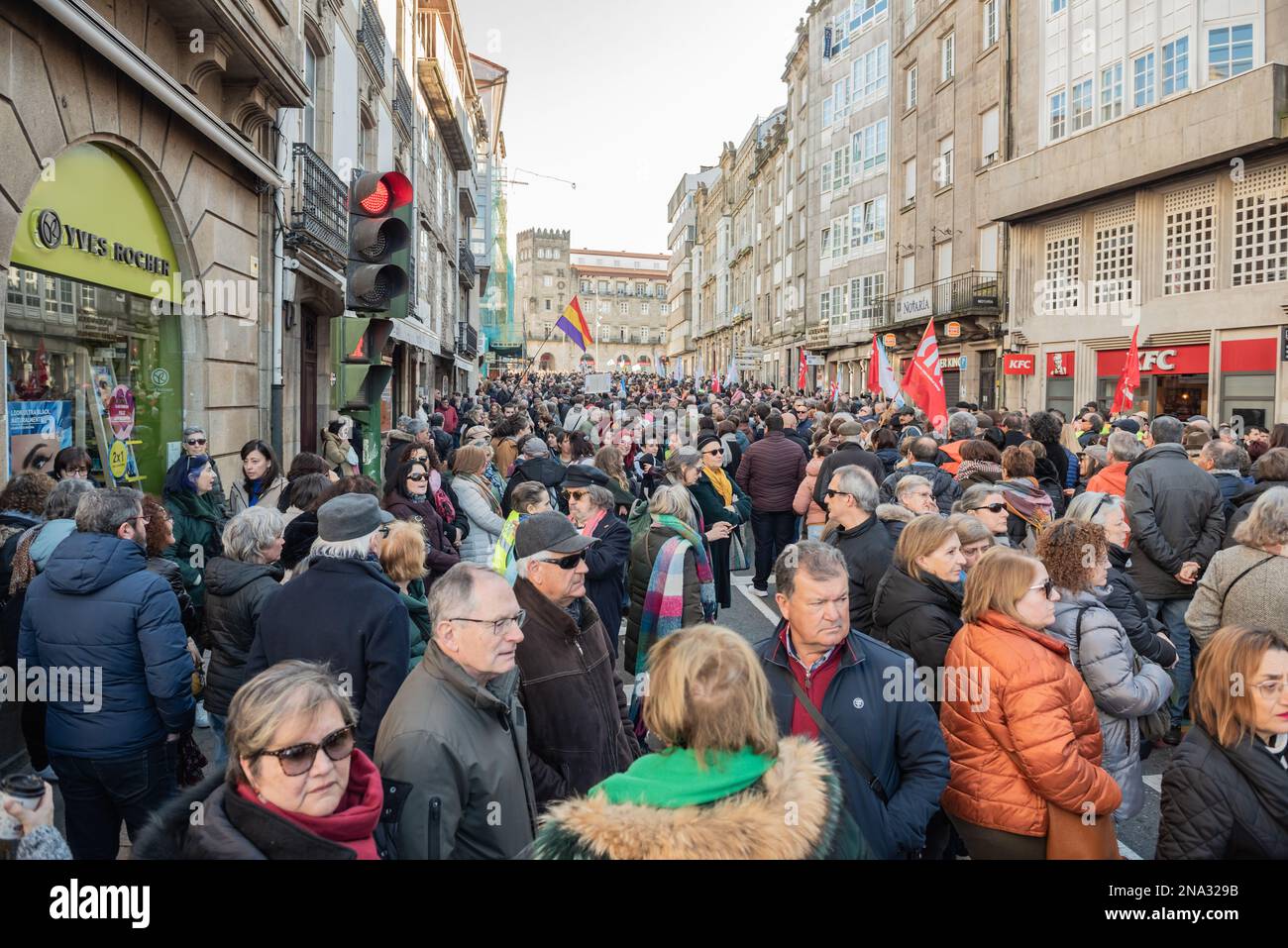 Santiago, Spain. Feb 12Th, 2023. The demonstration went through the streets of Santiago to the ...