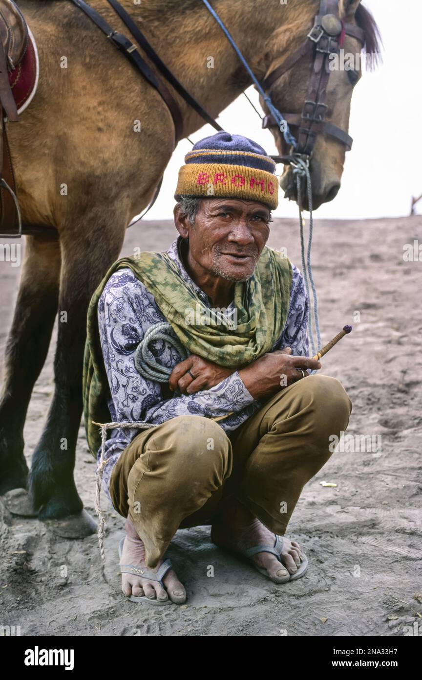 Guide with horse near Mount Brumo Volcano; Java, Indonesia Stock Photo ...