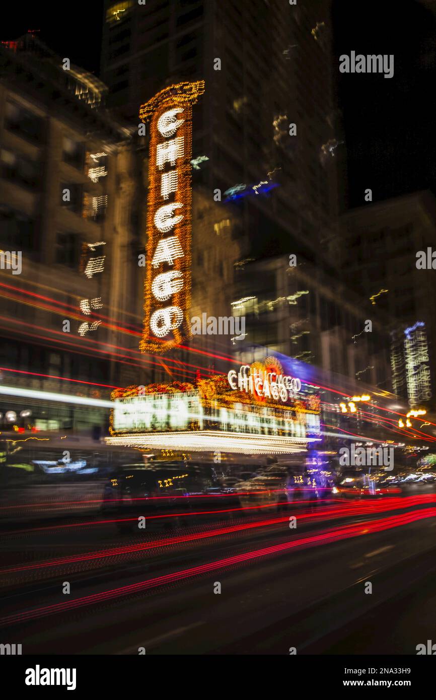 Long exposure of Chicago theatre and street scene at night; Chicago ...