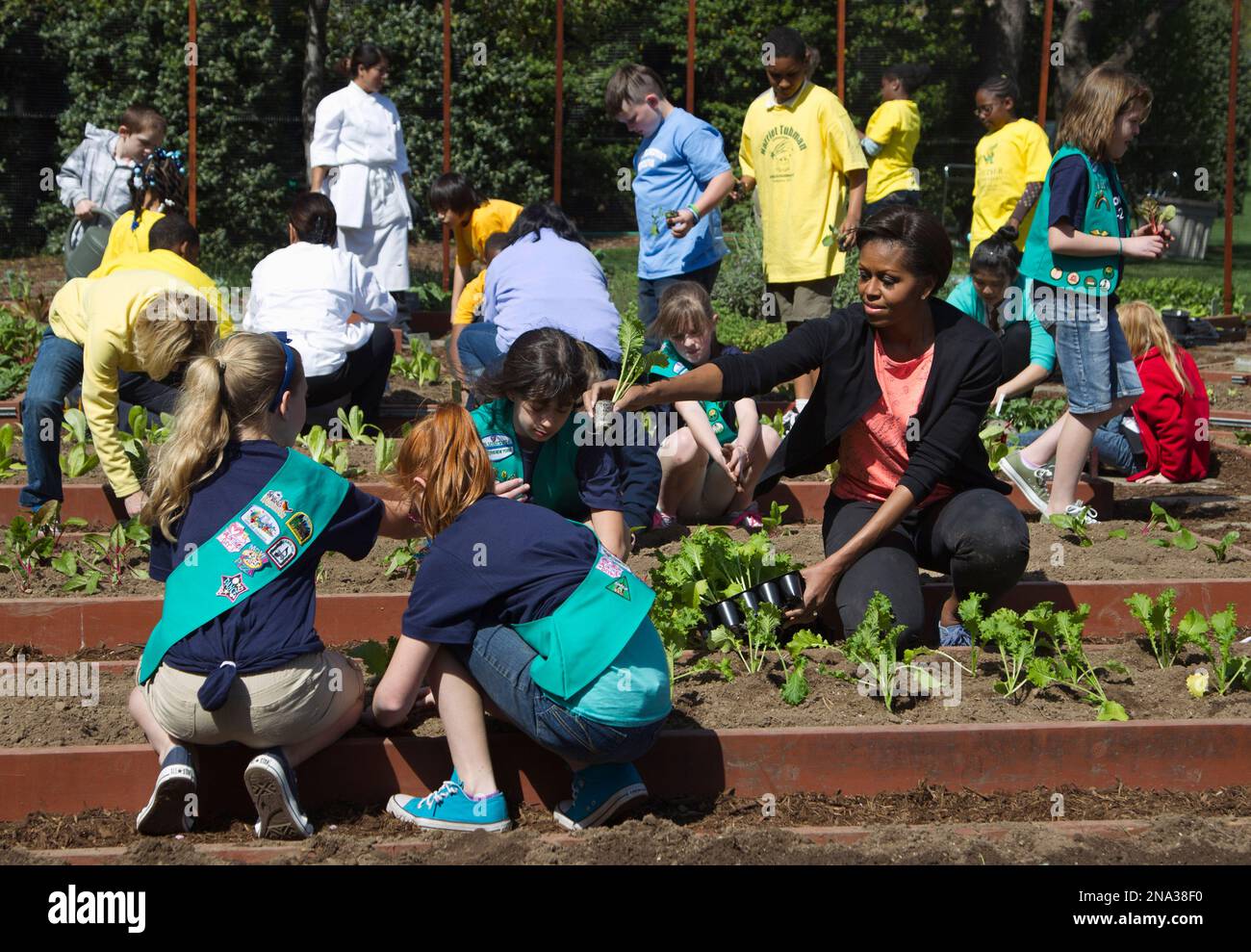 First lady Michelle Obama plants vegetable seedlings with Girl Scouts ...