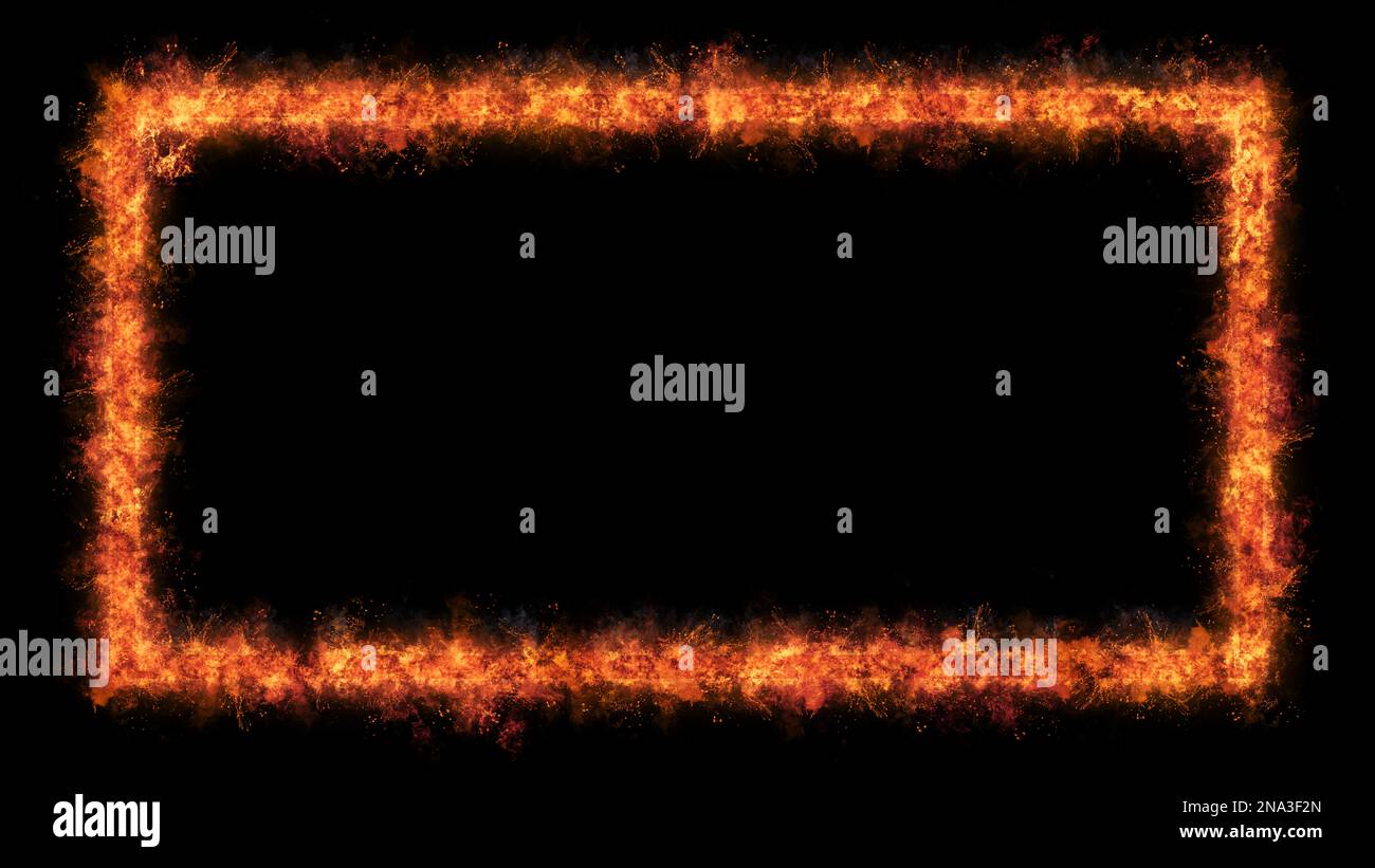 Fire frame in the shape of square on black background. Rectangle line ...